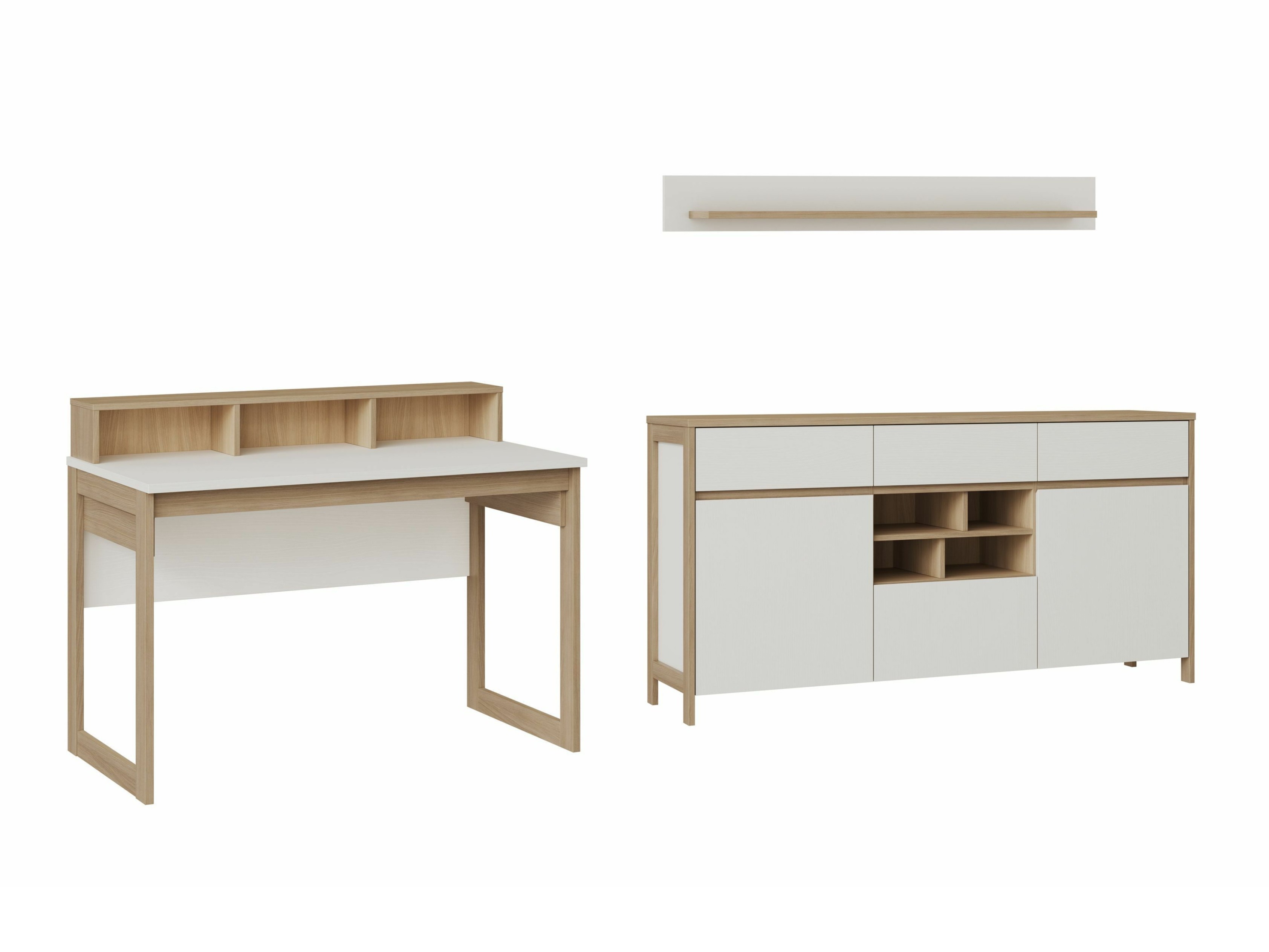 Conjunto para oficina en casa Fermaru 116 (Blanco + Roble) | Muebles.es